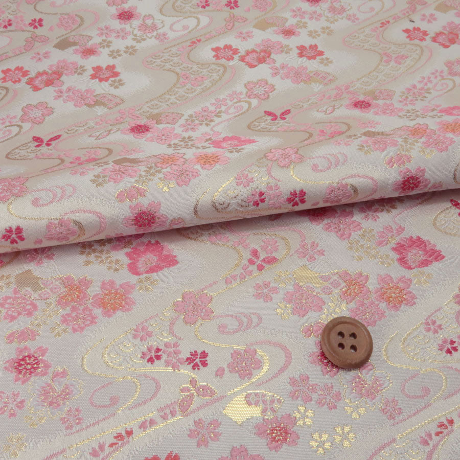 Nishijin-ori Brocade Cherry Blossoms & Butterflies on Streams - Ivory ...