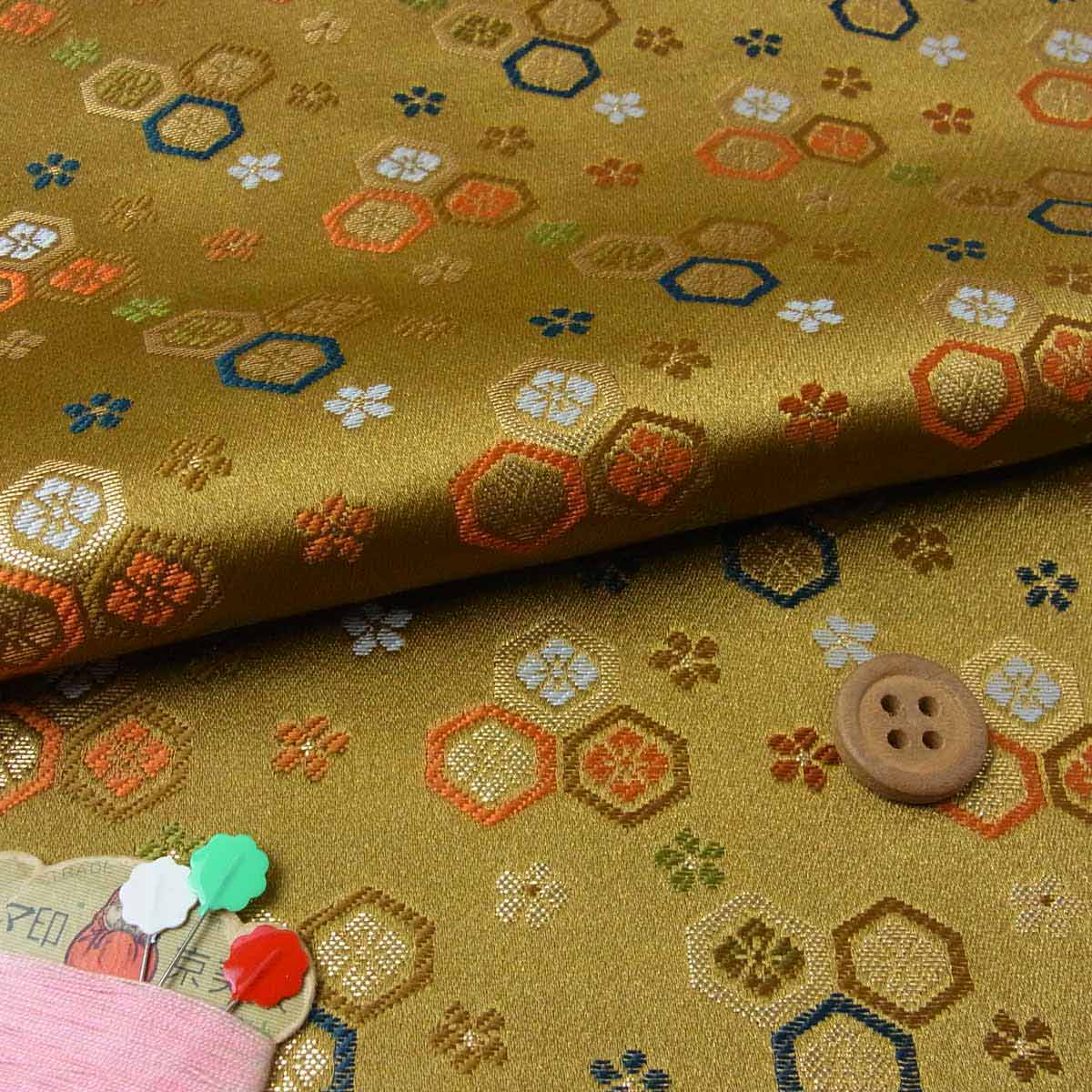 Nishijin-ori Brocade Floral Hexagon Pattern - Ocher (Length) 1＝0.25yar ...