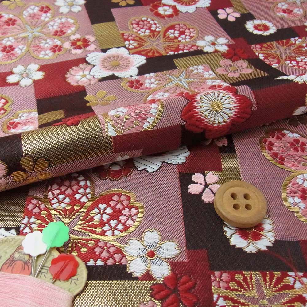 Nishijin-ori Brocade Modern Cherry Squares - Black/Red (Length) 1＝0.25 ...